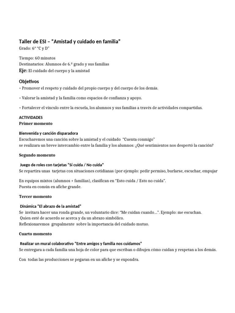 Taller ESI Amistad y Cuidado Con Imagenes Correg | PDF