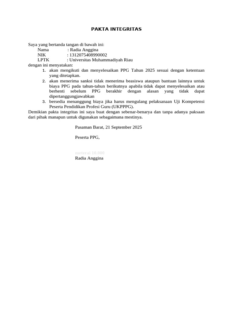 Pakta Integritas - Radia Anggina | PDF