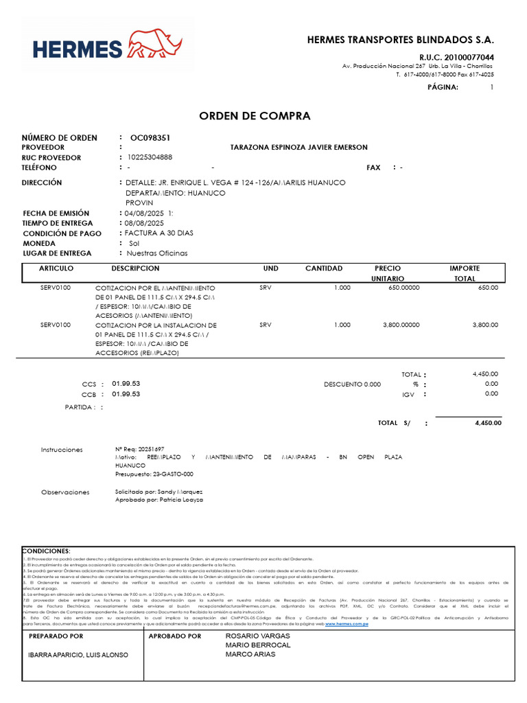 Orden de Compra para Mantenimiento y Reemplazo | PDF | Daños y ...