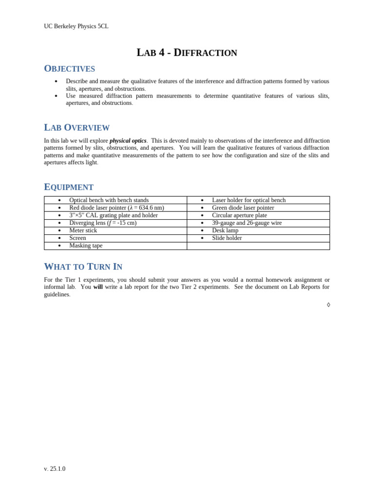 Lab04-Diffraction-v25.1.0 | PDF | Diffraction | Coherence (Physics)