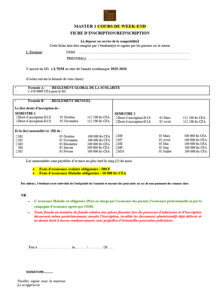 Fiche d'inscription M1 ISM 2025-2026 | PDF | Services financiers ...