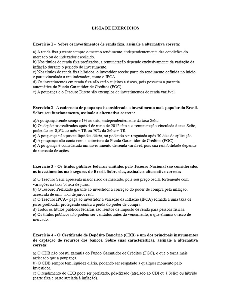 Lista de Exercícios - Renda Fixa e Variável | PDF | Renda fixa | Comprovante de depósito
