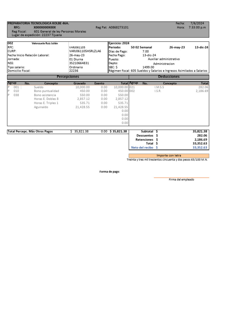 Formato de Nómina 2024 PDF | PDF | Distribución de ingresos del factor ...