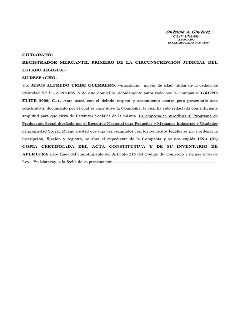 Acta Constitutiva de GRUPO ELITE 3000, C.A. | PDF | Pagaré