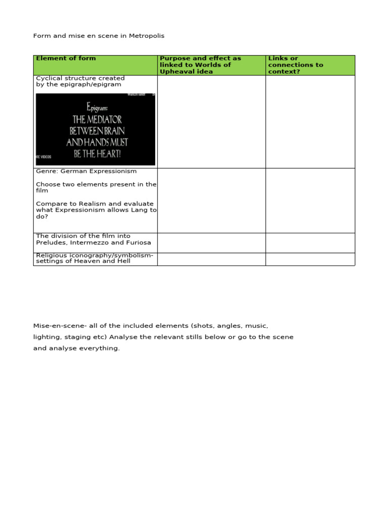 Form and Mise en Scene Metropolis Task | PDF