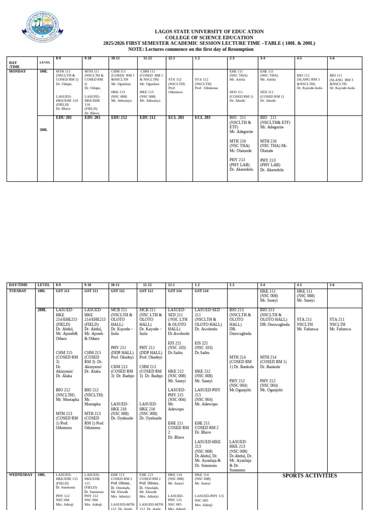 Cosed 1st Semester Time Table-1 | PDF
