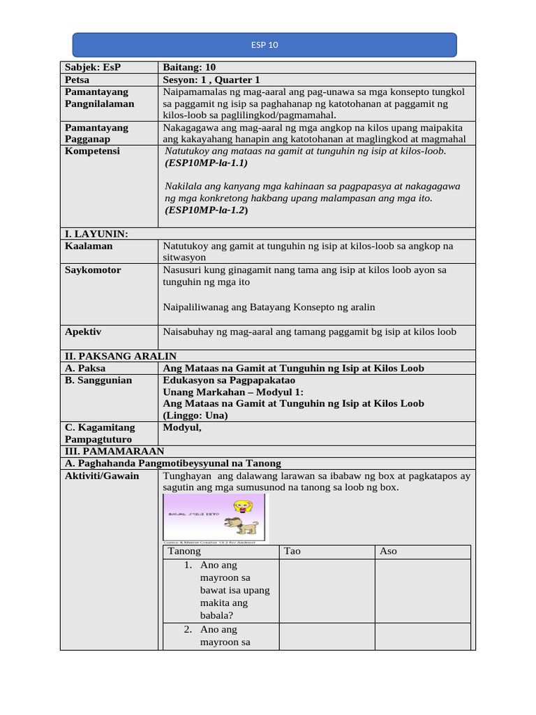 EsP10 Q1 Lesson-Plan1 Q1-1 | PDF