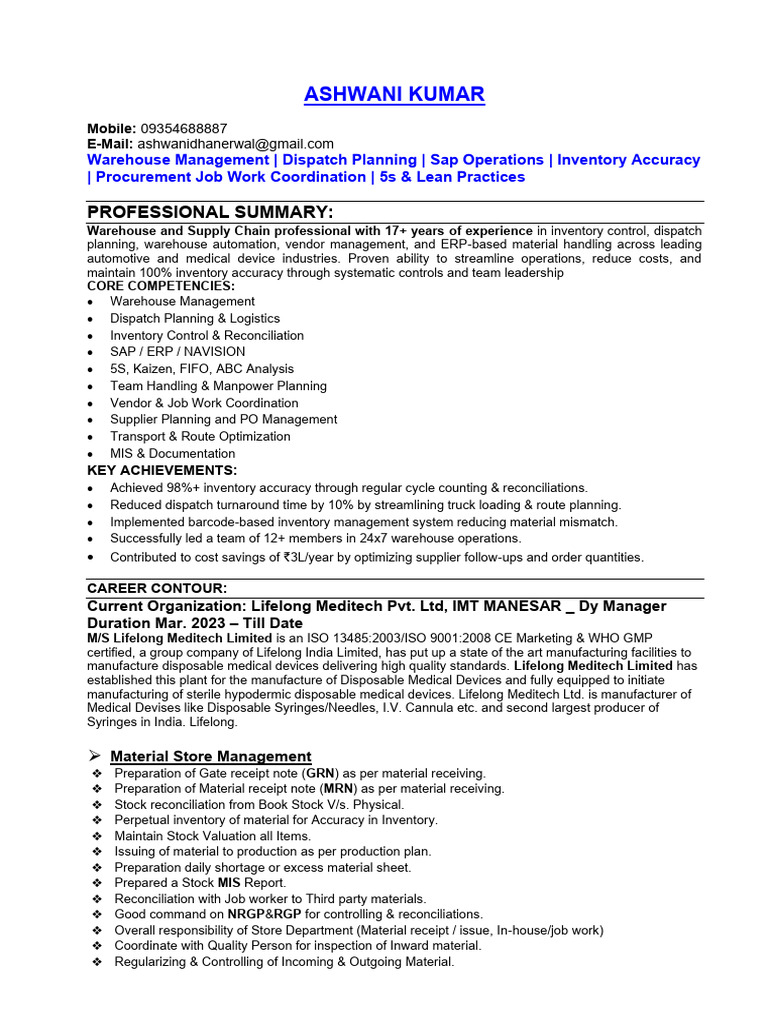 Resume - Ashwani SCM Dy Manager - 02082025 | PDF | Inventory | Supply Chain Management