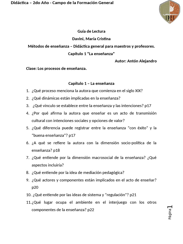 Guia de Lectura Davini - Cap 1 (La Enseñanza) | PDF | Enseñando | Pedagogía
