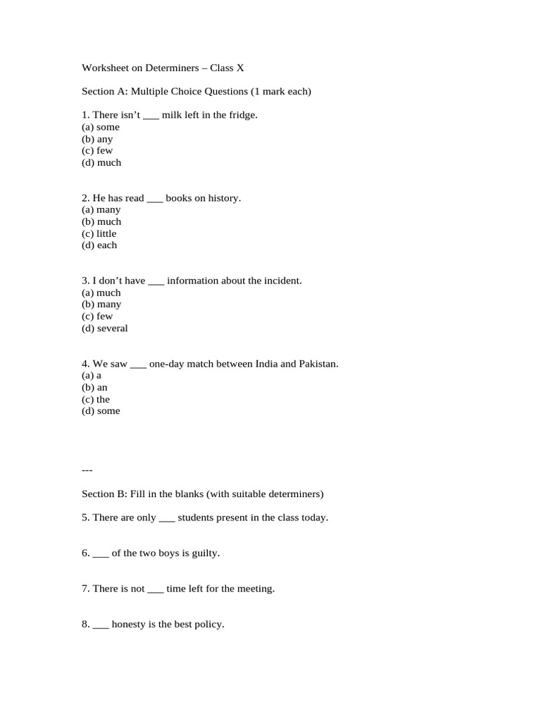 Worksheet of Determiners | PDF