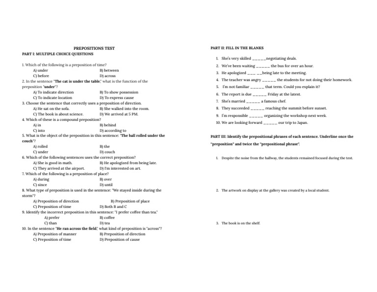 Prepositions Test: Multiple Choice & Fill-in | PDF