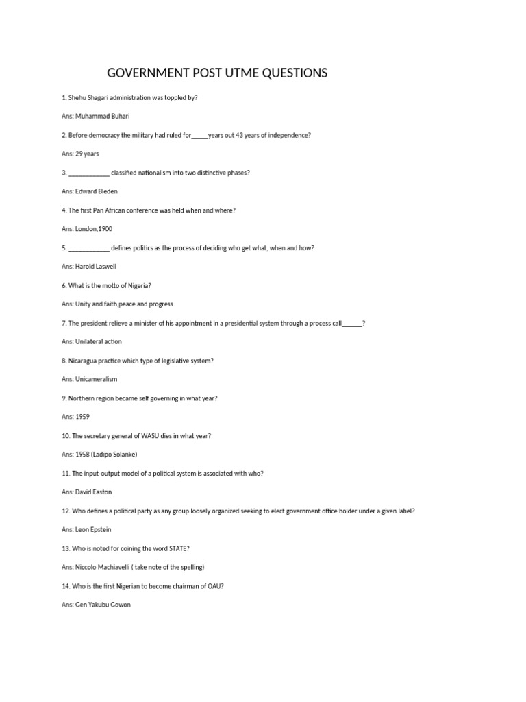 Government 2 Post Utme Questions and Answers Compiled by Duduyemi ...