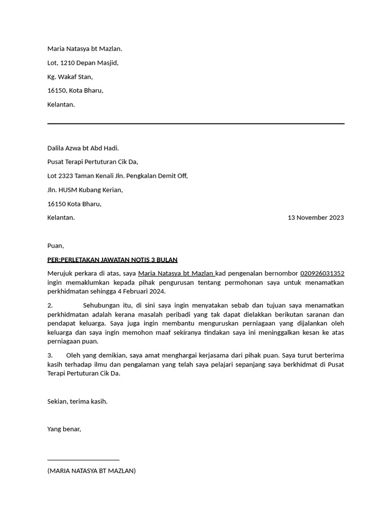 Notis Perletakan Jawatan Maria Natasya | PDF