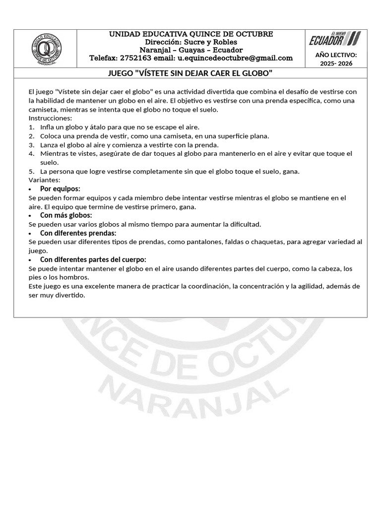 Juego Vístete Sin Dejar Caer El Globo | PDF