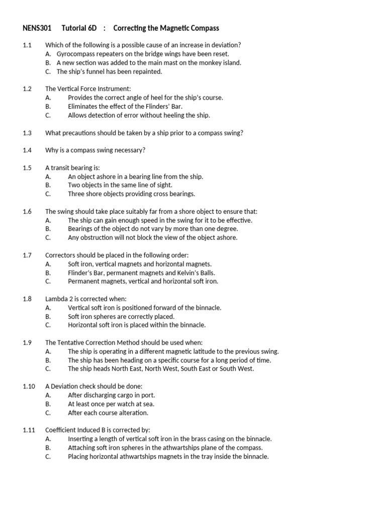 NENS301 - Tutorial 6D Correcting The Magnetic Compass | PDF | Compass ...