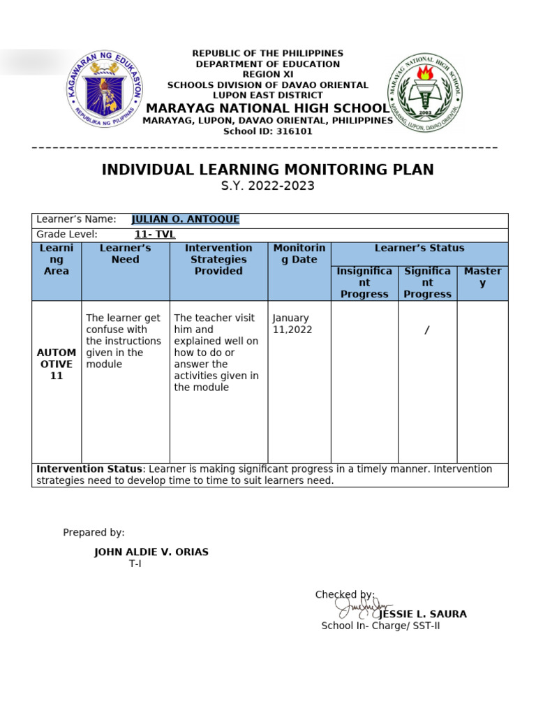 Individual Learning Monitoring Plan | PDF