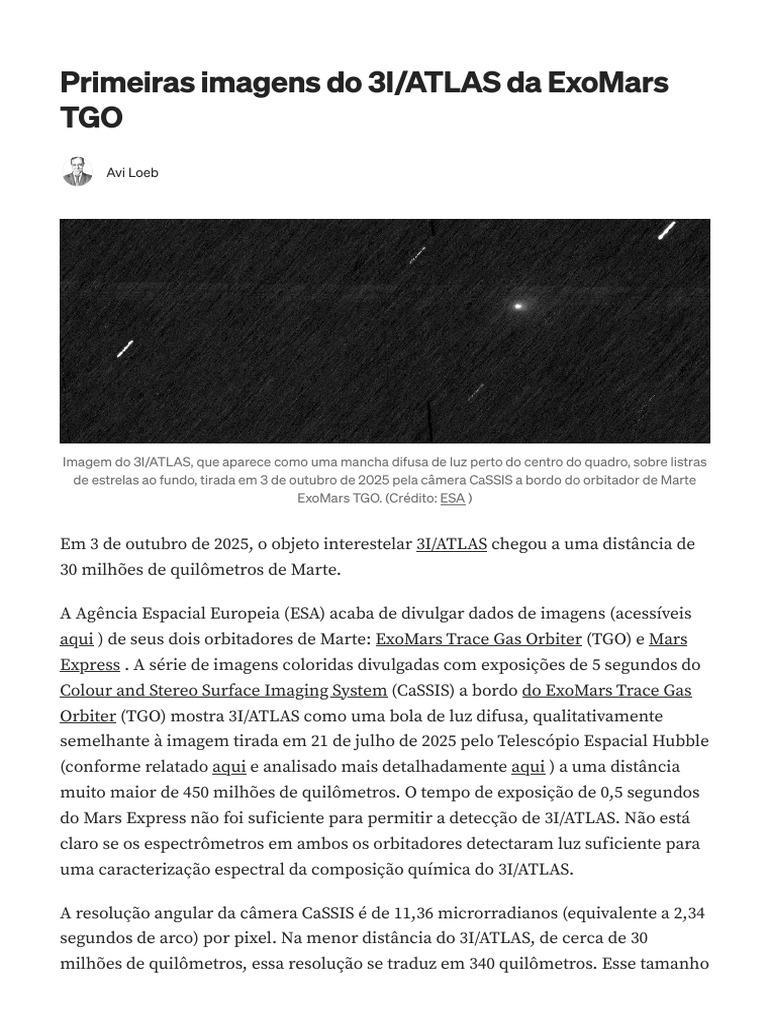 Primeiras Imagens Do 3I - ATLAS Da ExoMars TGO - Por Avi Loeb - Outubro ...