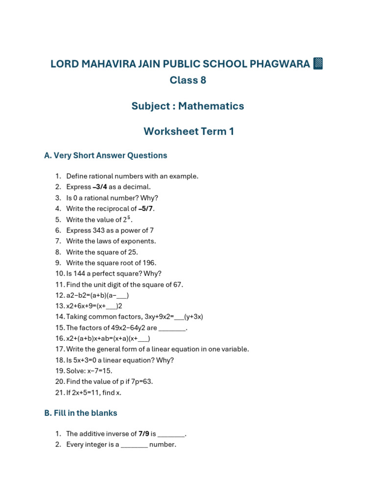 Class 8 Math Worksheet Term 1 | PDF | Factorization | Numbers