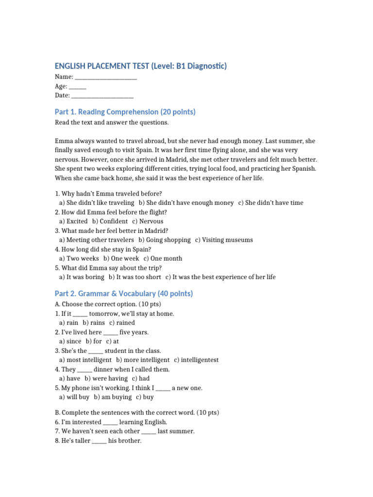 B1 English Placement Test Overview | PDF