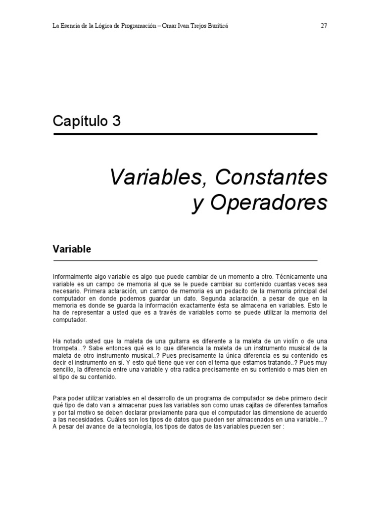 Capitulo 3 Variables Constantes y Operadores | PDF | Variable ...