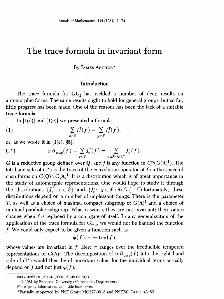 The Trace Formula in Invariant Form: Annals of 114 (1981), 1-74 | PDF ...