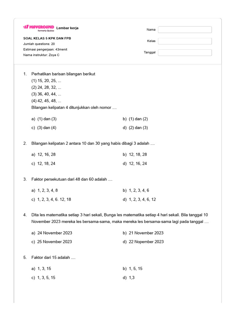 Soal KPK dan FPB Kelas 5 Matematika | PDF