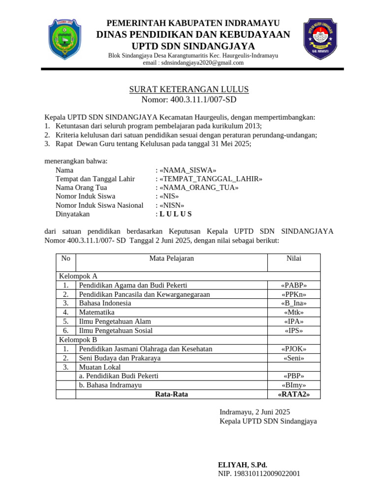 Surat Keterangan Lulus SD Sindangjaya | PDF