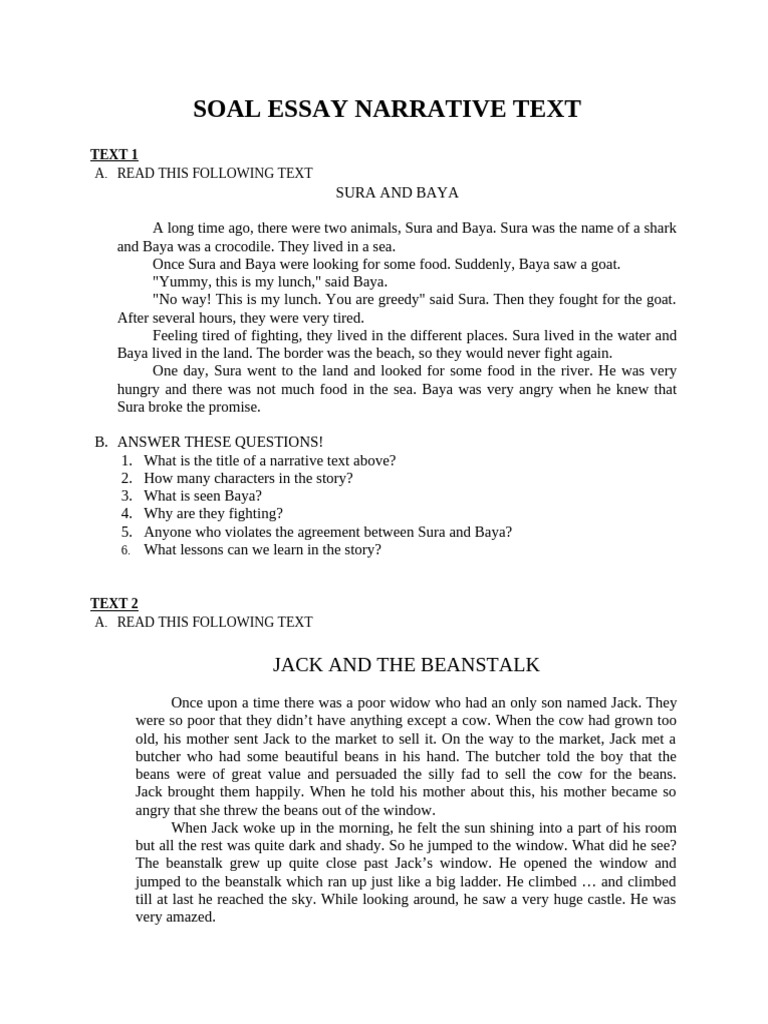 Latihan 2 Soal Essay Narrative Text | PDF