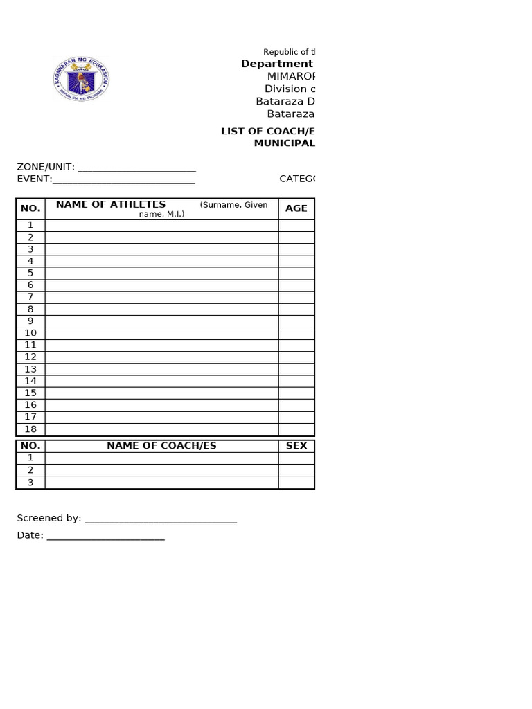 Bataraza Municipal Meet 2025 Coaches & Athletes List | PDF