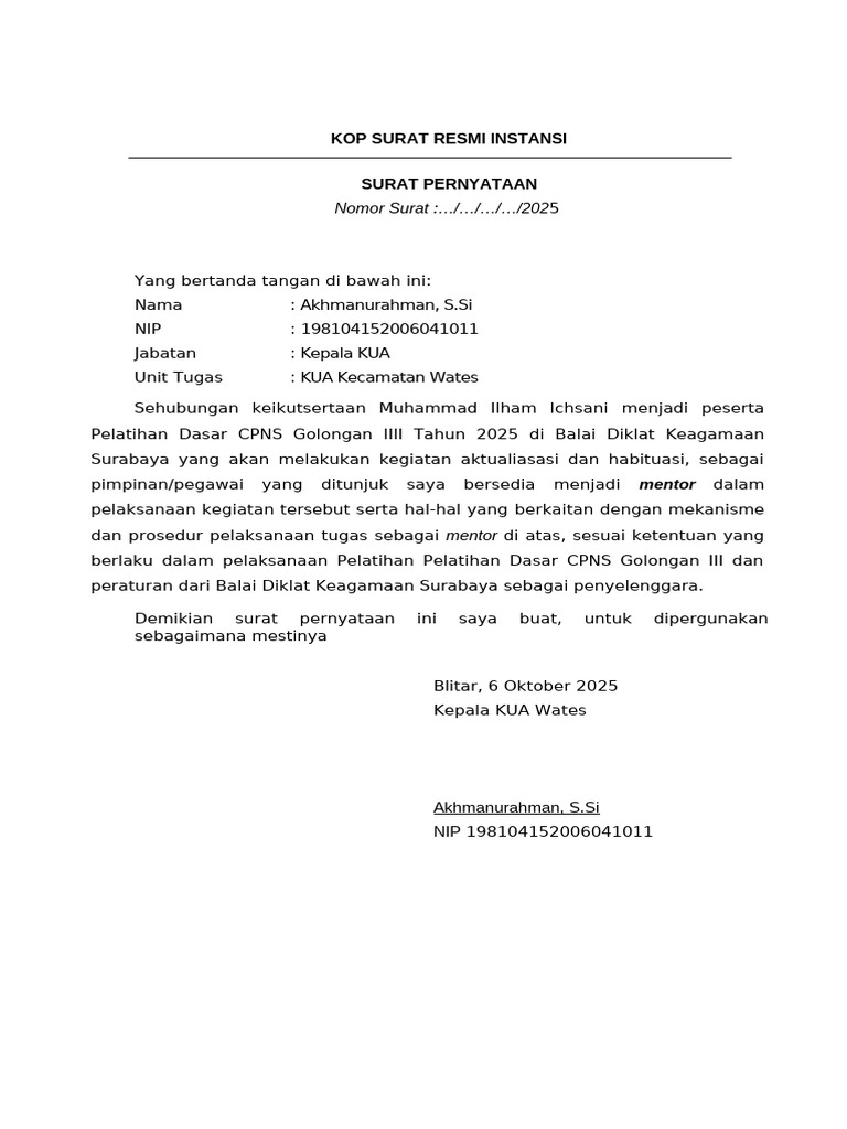 Surat Pernyataan Mentor CPNS 2025 | PDF