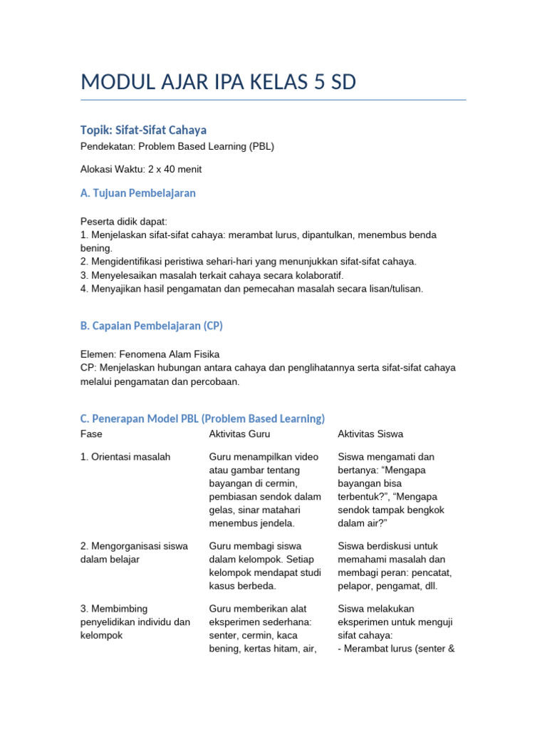 Modul IPA: Sifat Cahaya Kelas 5 SD | PDF