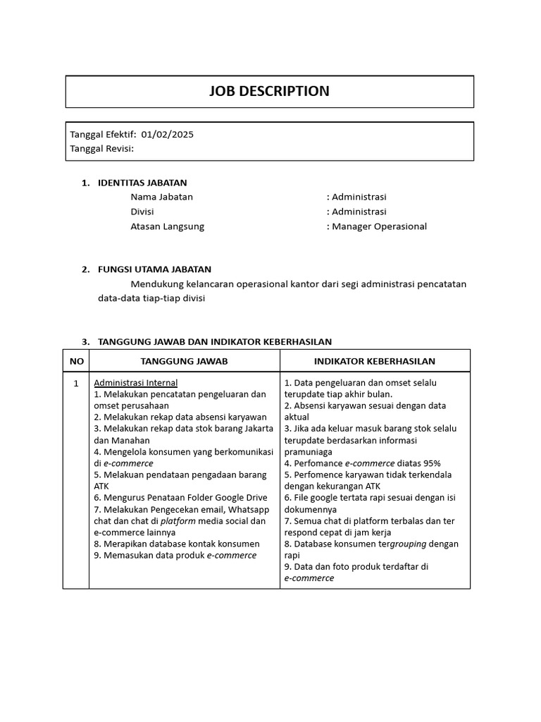 Job DESCRIPTION Administrasi Jan 2025 | PDF