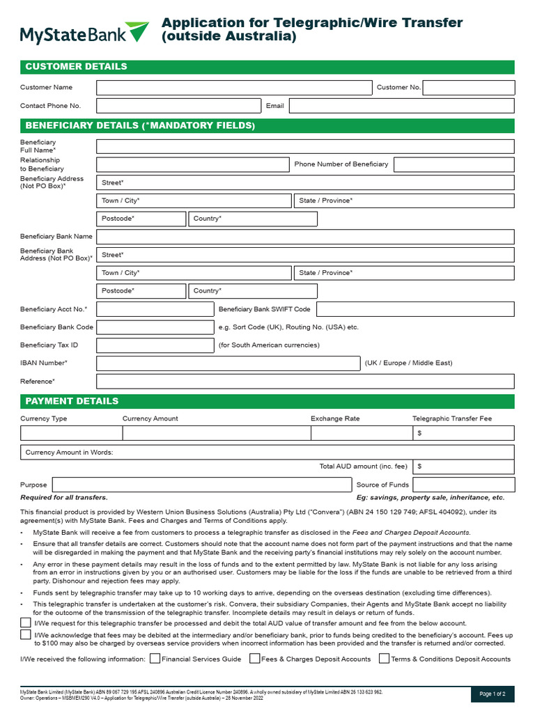 MyState Bank Wire Transfer Application | PDF | Banks | Debit Card
