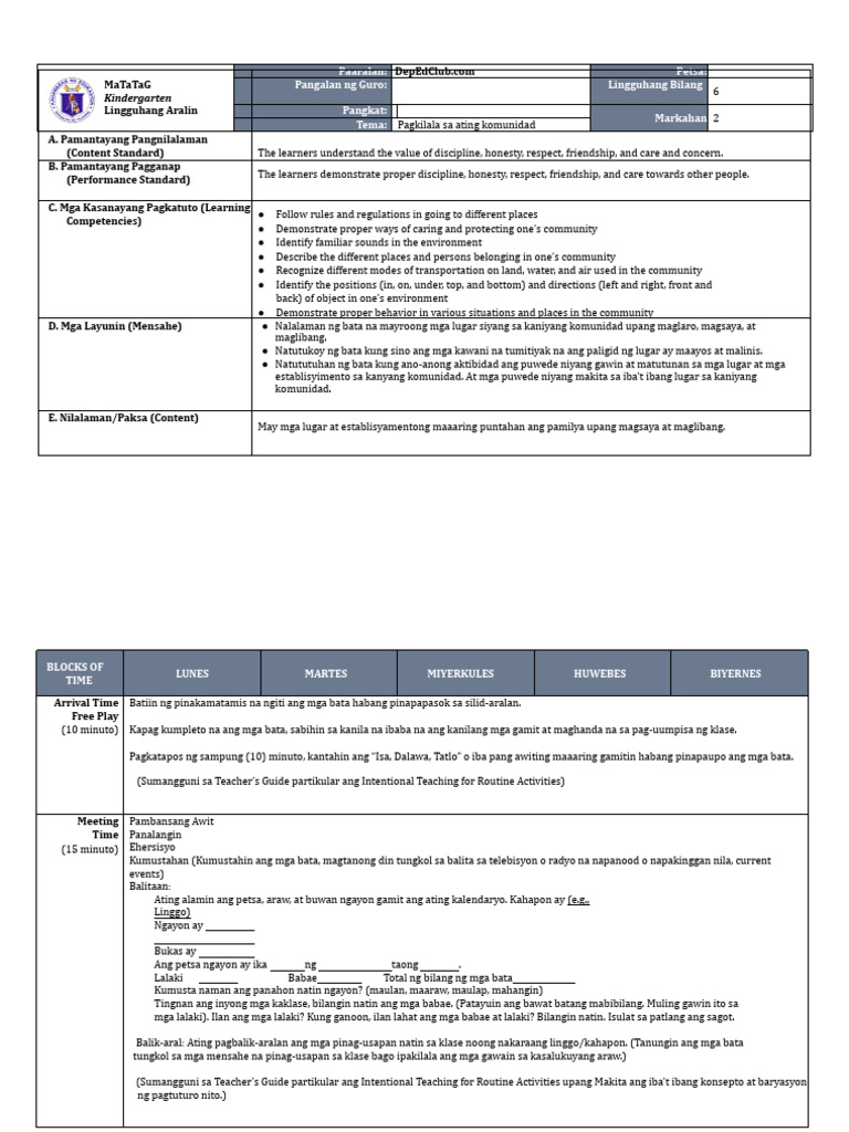 DLL Kindergarten Q2 W6 | PDF