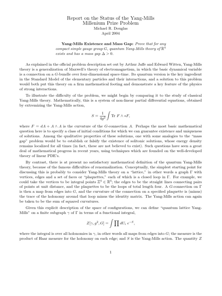 Report On The Status of The Yang-Mills Millenium Prize Problem | PDF