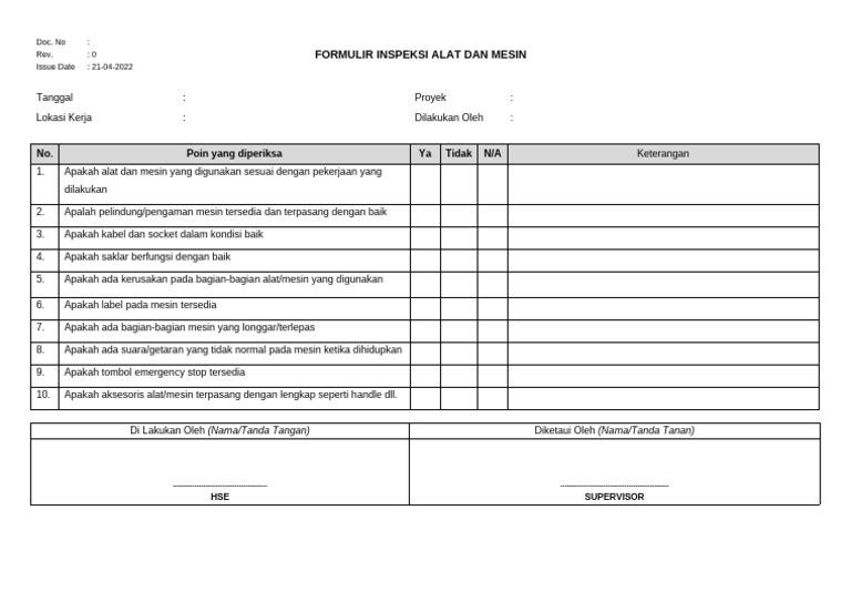 Contoh Form Tools and Machine Inspection Check List | PDF