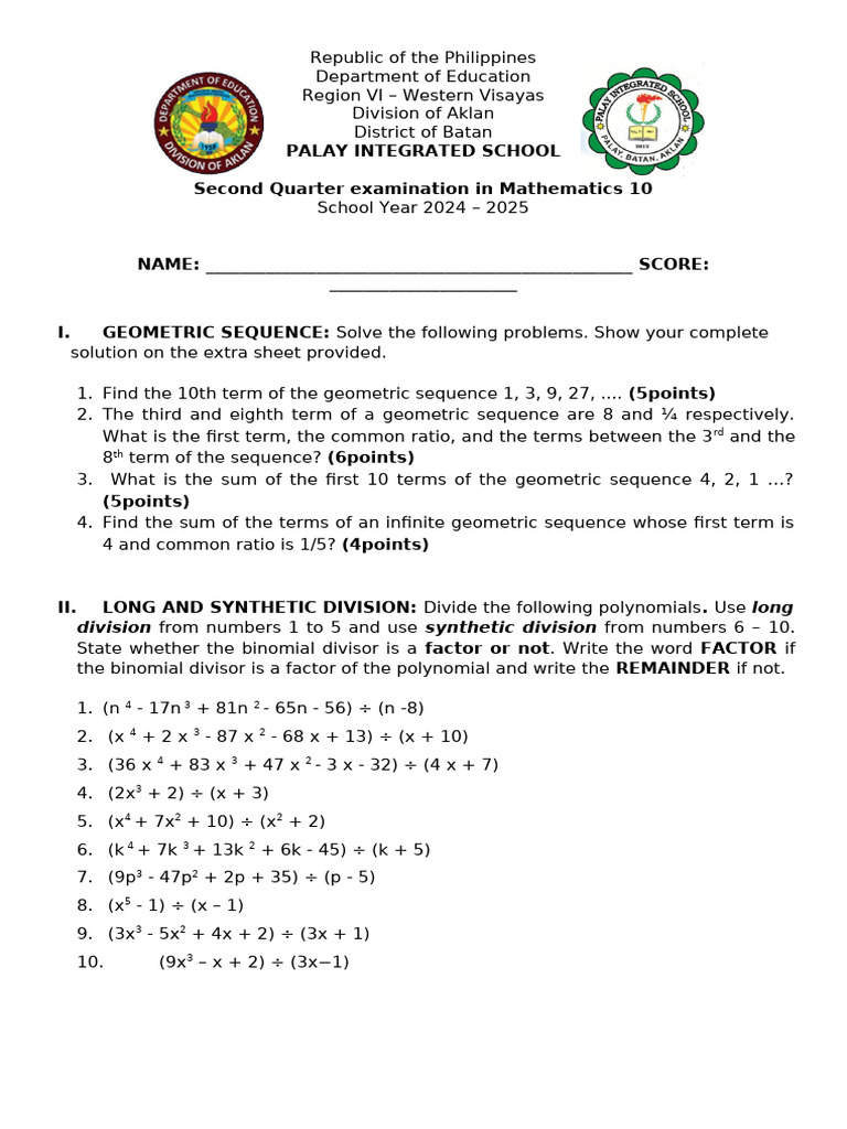 Second Quarter Exam in Math 10 | PDF | Circle | Sequence