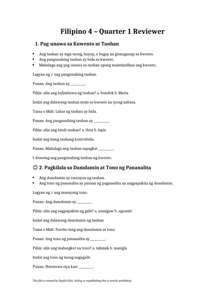 Filipino4 Reviewer Workbook Q1 | PDF