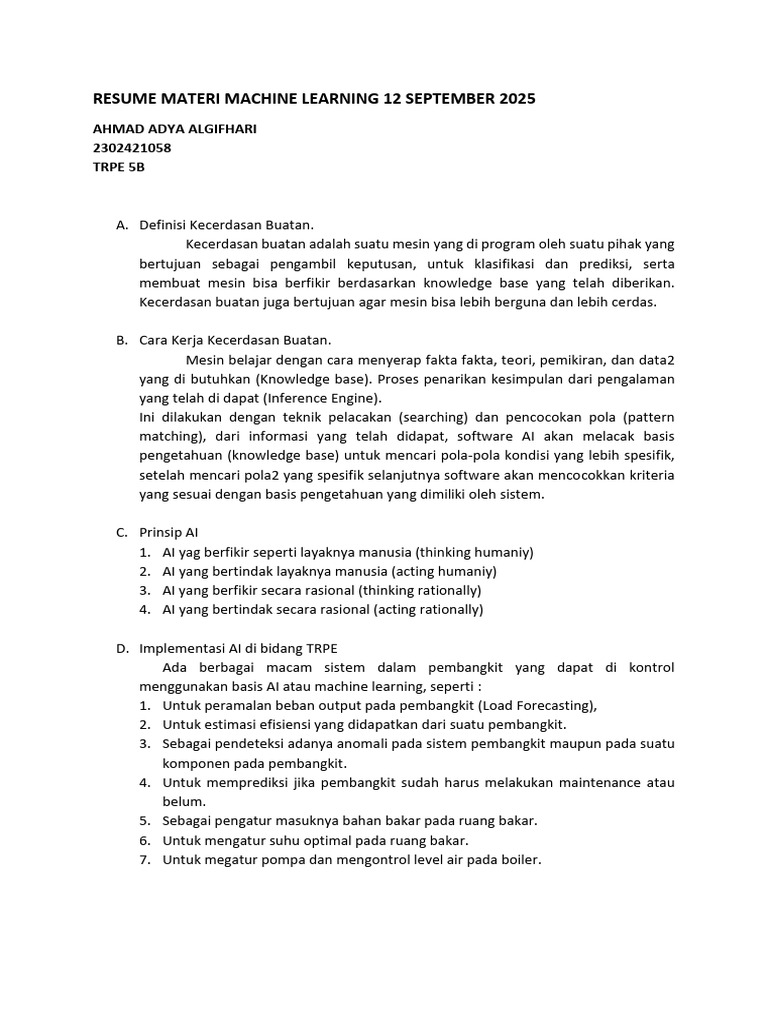 Resume Materi Machine Learning 12 September 2025 | PDF