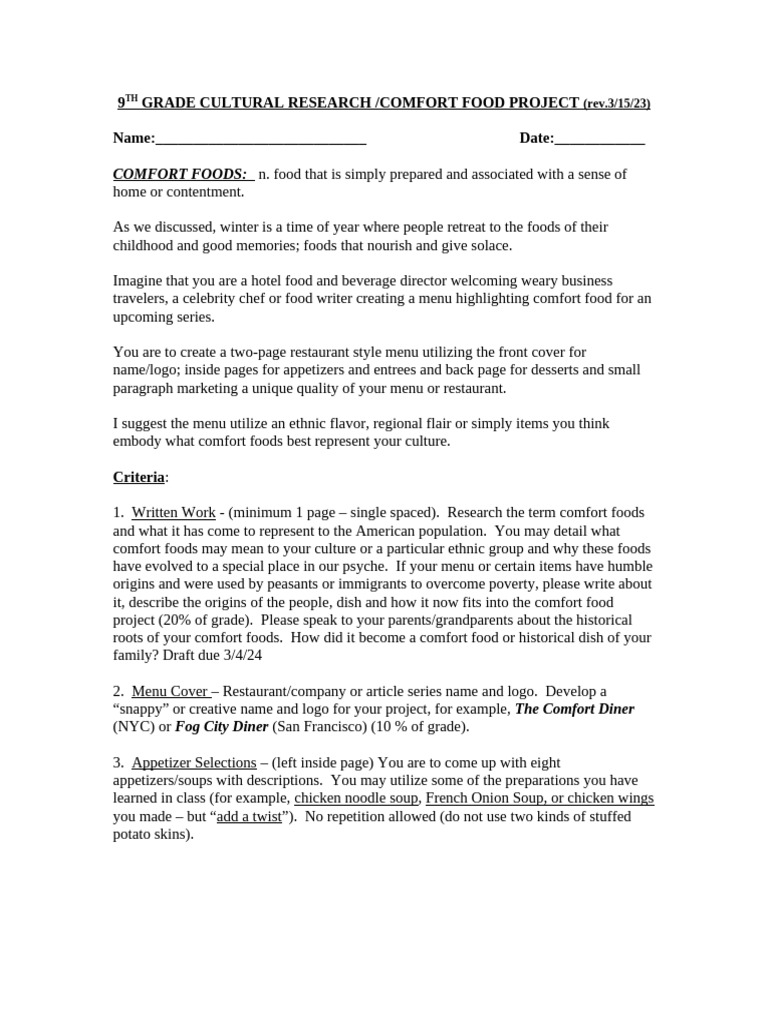 9th Grade Cultural Research Project 02082022 Comfort Foods 2.26.24 ...