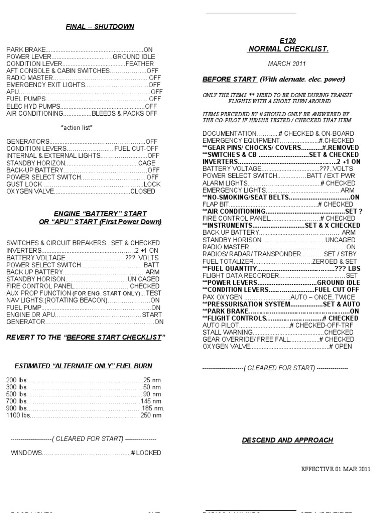 EMB120 Normal Checklist | PDF | Power Inverter | Vehicles