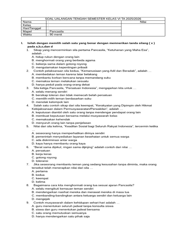 Sts Kelas Vi Mapel PKN | PDF