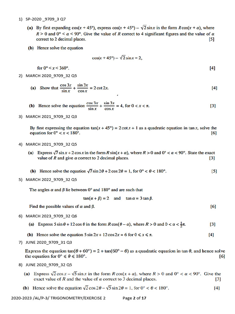 p3 Trigonometry Past Paper Questions With Ms | PDF