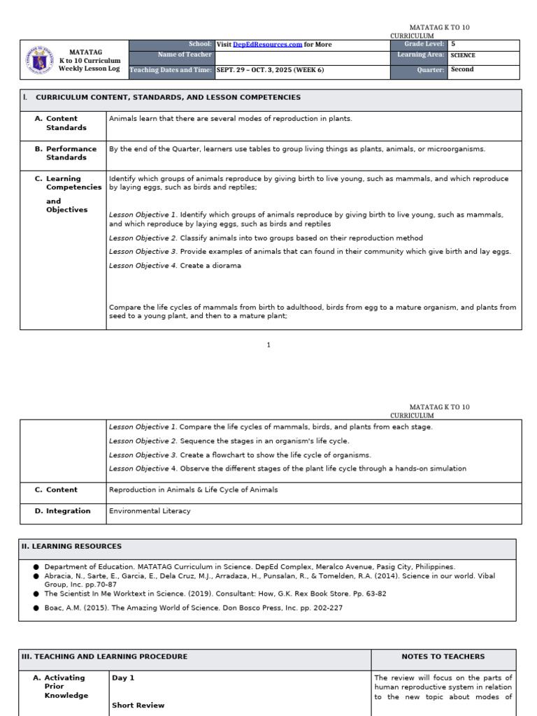 DLL Matatag Science 5 q2 w6 | PDF | Egg | Reproduction