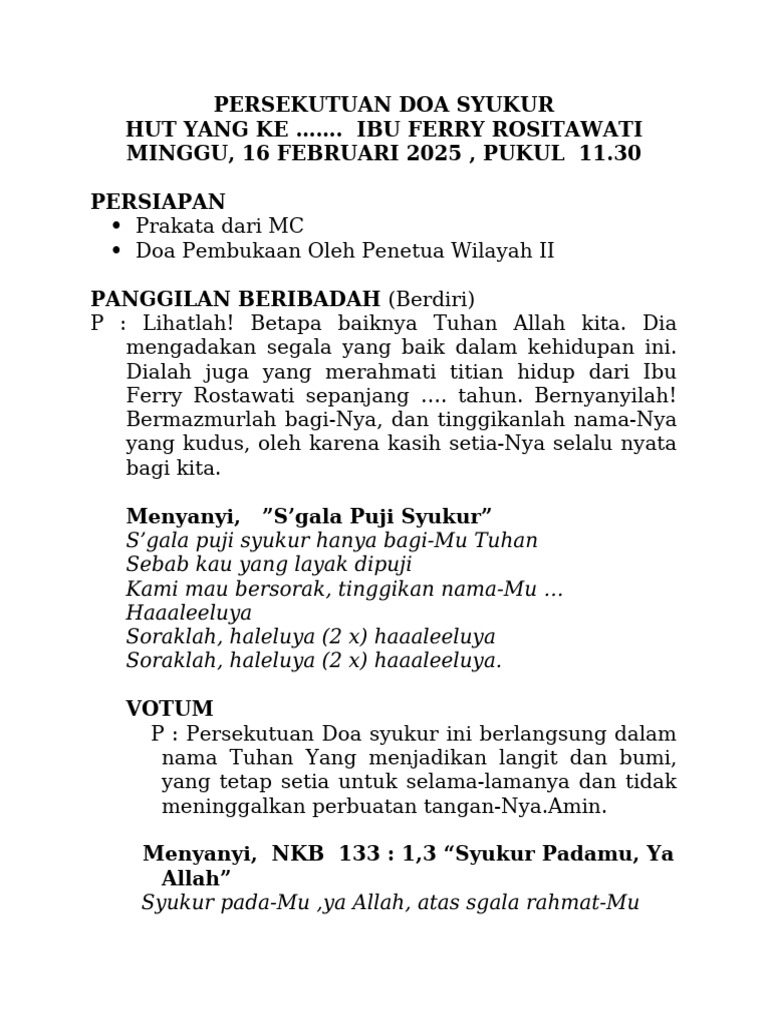 Persekutuan Doa Syukur HUT Ibu Ferry | PDF