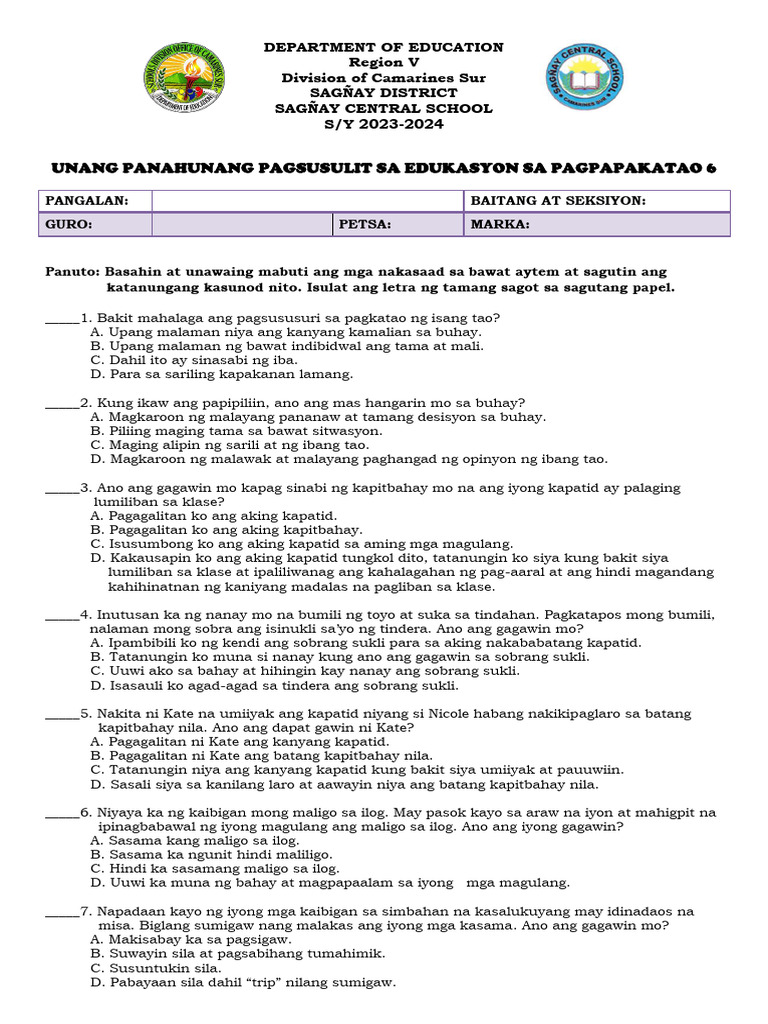 Test Questions In Esp 6 With Tos 1st Quarter Pdf