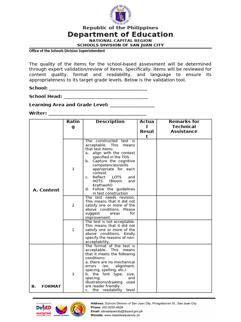 School-Based Assessment Validation Tool | PDF | Learning | Cognition
