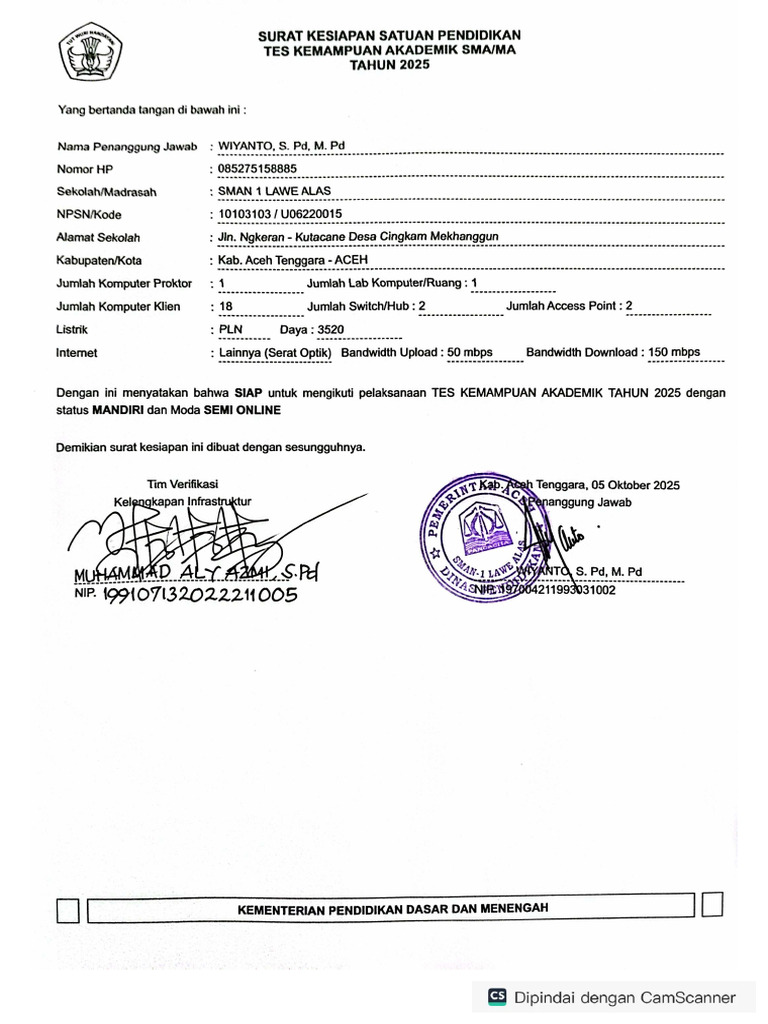 Surat Kesiapan TKA Lawe Alas | PDF