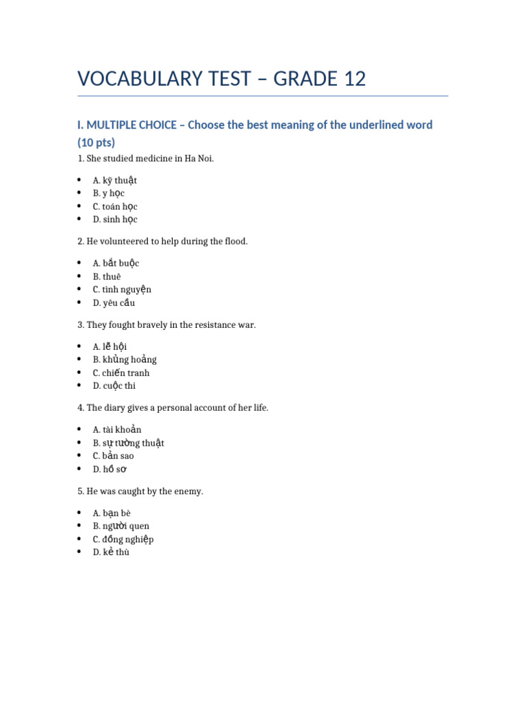 Vocabulary Test Grade 12 | PDF
