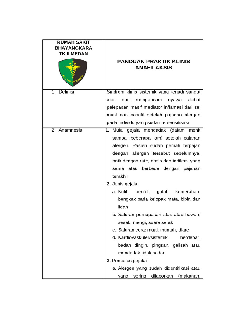 Panduan Klinis Anafilaksis Rumah Sakit | PDF